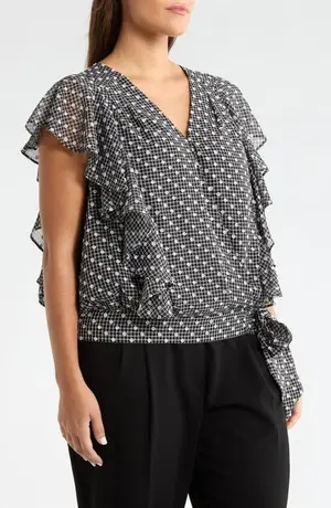 LIVERPOOL Plaid Swiss Dot Flutter Sleeve Ruffle Top