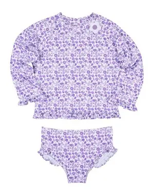 FLORENCE EISEMAN Floral Print Rashguard Swimsuit With Ruffles - Purple/white