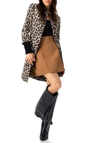 IVONNE Animal Print Long Coat With Ribbed Cuffs