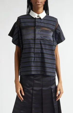 Sacai Striped Cropped Cotton Shirt - Black/navy