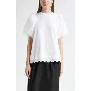 Simone Rocha Eyelet Trim Puff Sleeve Knit Top - White