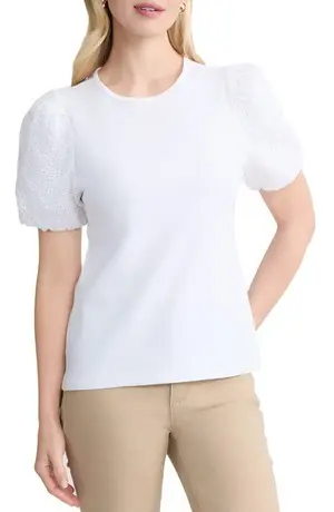 Jones New York Eyelet Puff Sleeve Crewneck Top - Natural White