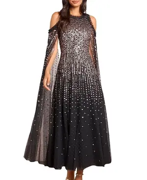 NEEDLE & THREAD Moonlight Sequin Cape Sleeve Ankle Gown - Graphite/metallic