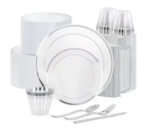 ELAMA 600 Pc Disposable Dinnerware Set For 100 In White Silver - One-color
