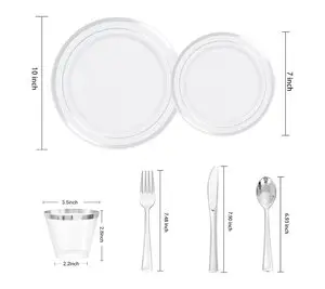ELAMA 600 Pc Disposable Dinnerware Set For 100 In White Silver