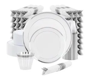 ELAMA 350 Pc Disposable Dinnerware Set For 50 I N White Silver - One-color