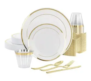 ELAMA 150 Piece Disposable Dinnerware Set For 2 5 In White Gold - One-color