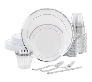 ELAMA 150 Pc Disposable Dinnerware Set For 25 I N White Silver - One-color
