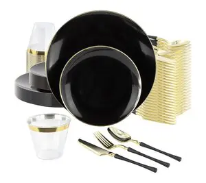 ELAMA 150pc Disposable Dinnerware Set For 25 In Black And Gold - One-color