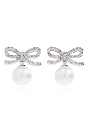 SELF-PORTRAIT Bow Crystal Pearl Stud Earrings - Silver