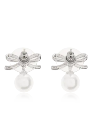 SELF-PORTRAIT Bow Crystal Pearl Stud Earrings - Silver