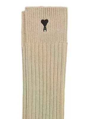 AMI Paris Cotton Crew Socks With De Coeur Embroidery - Neutrals