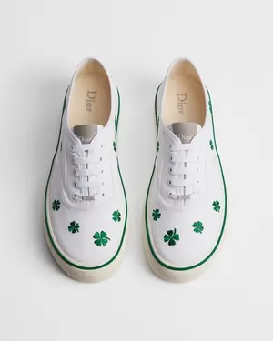 Dior Saltwind Sneaker - White Cotton Embroidered With Bright Green Dior Clover Motif