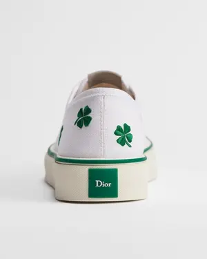 Dior Saltwind Sneaker - White Cotton Embroidered With Bright Green Dior Clover Motif