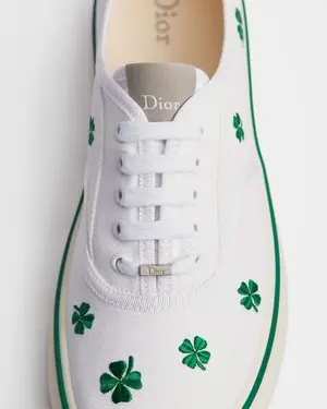 Dior Saltwind Sneaker - White Cotton Embroidered With Bright Green Dior Clover Motif