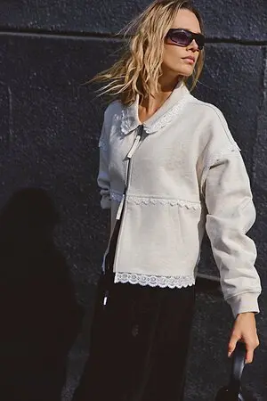 Free People Lace-trimmed Zip-up Top