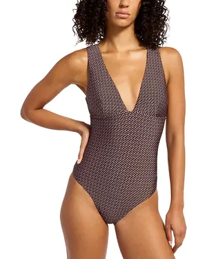 JETS Plunge Neck Shine Swimsuit - Chocolate