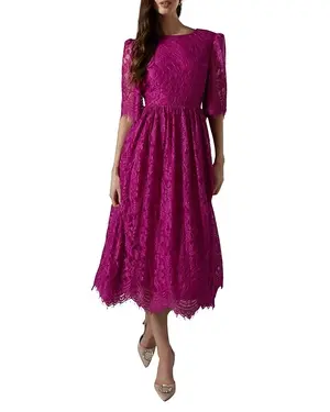 Coast Lace Short Sleeve Midi Dress - Magenta