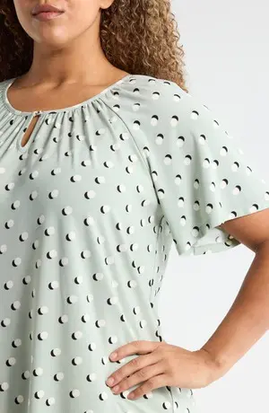 Anne Klein Dot Print Keyhole Peasant Top - Soft Aloe Multi