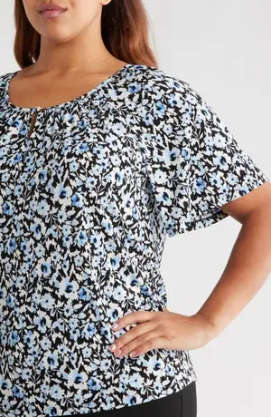 Anne Klein Floral Keyhole Peasant Top