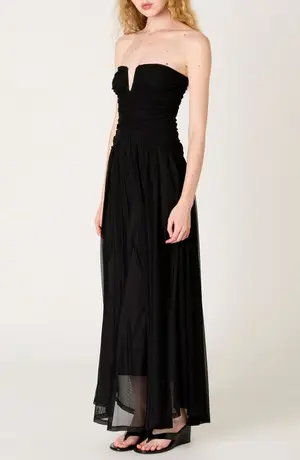NIA Beverly Ruched Strapless Chiffon Maxi Dress - Black