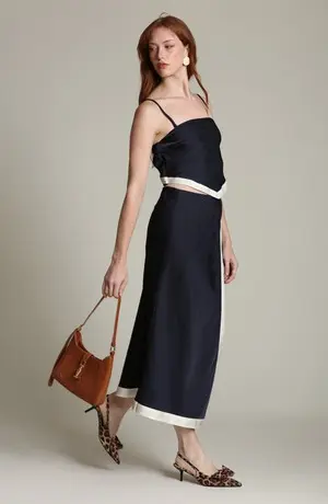 Avec Les Filles Satin Crop Top - Navy