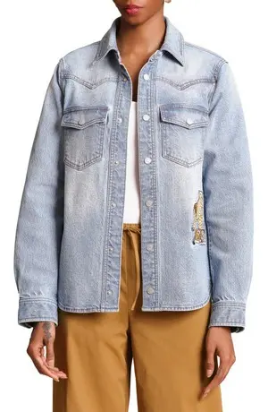 Avec Les Filles Cheetah Embroidered Denim Shirt Jacket - Light Blue Wash