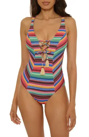 BECCA® By Rebecca Virtue Vallarta Stripe Tassel Seersucker One-piece Swimsuit - Pink Multi
