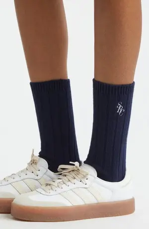 SPORTY & RICH Wool And Cashmere Blend Ribbed Crew Socks - Dark Navy