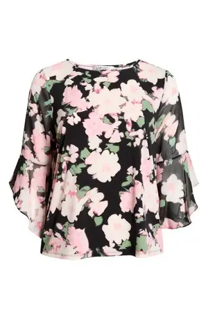 KASPER Floral Print Ruffle Sleeve Top - Black Multi