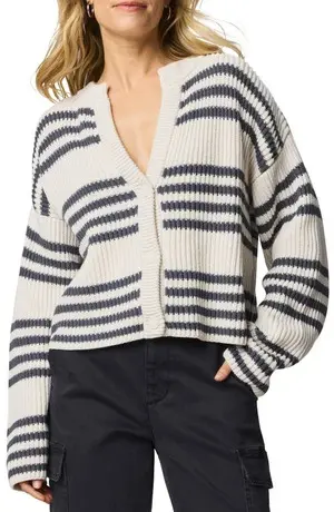 Splendid Alexandra Stripe Cotton Blend Cardigan - Moonstone Grey/ink Blue