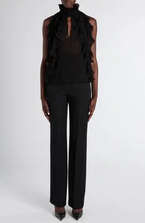 Alexander McQueen High Neck Ruffle Silk Georgette Top - Black