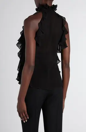Alexander McQueen High Neck Ruffle Silk Georgette Top - Black