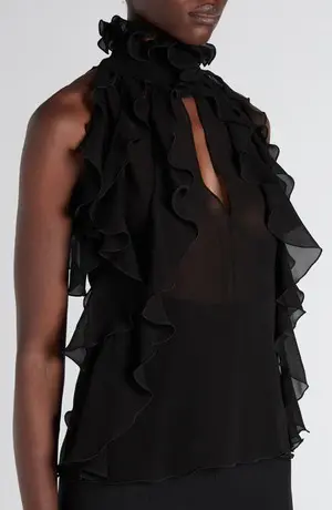 Alexander McQueen High Neck Ruffle Silk Georgette Top - Black