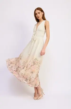 EN SAISON Pleated Tie Front Maxi Dress