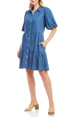 Karen Kane Tiered Denim Shirt Dress - Blue