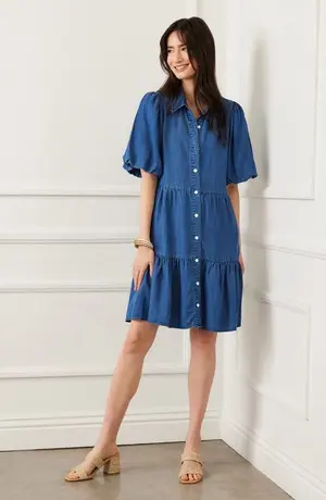 Karen Kane Tiered Denim Shirt Dress - Blue