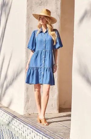 Karen Kane Tiered Denim Shirt Dress - Blue
