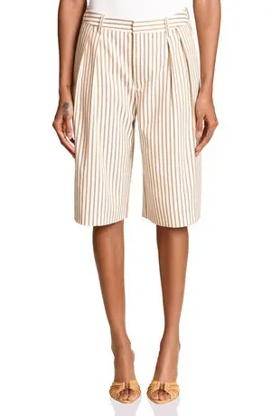 Avec Les Filles Striped Pleated Bermuda Shorts