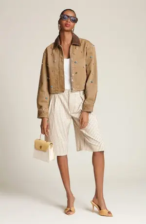 Avec Les Filles Striped Pleated Bermuda Shorts