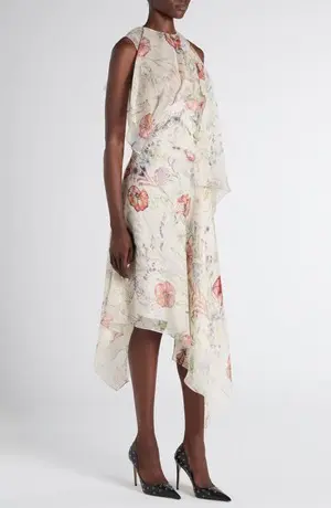 Alexander McQueen Meadow Floral Print Asymmetric Silk Chiffon Dress