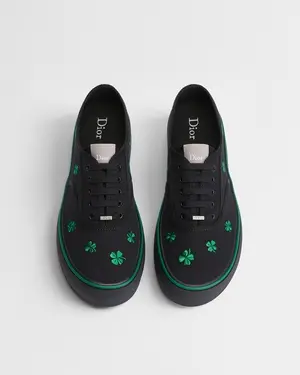 Dior Saltwind Sneaker - Black Cotton Embroidered With Bright Green Dior Clover Motif
