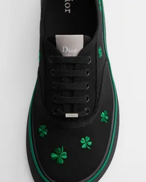 Dior Saltwind Sneaker - Black Cotton Embroidered With Bright Green Dior Clover Motif