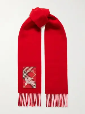 Burberry Appliquéd Fringed Cashmere Scarf - Red