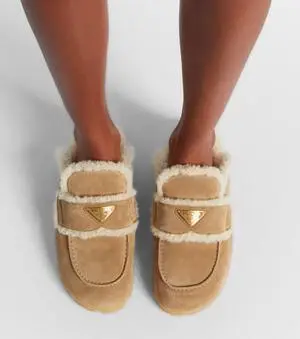 Prada Shearling-lined Suede Mules - Beige