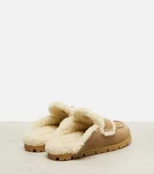 Prada Shearling-lined Suede Mules - Beige