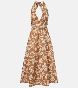 Max Mara Halterneck Printed Cotton Midi Dress - Beige