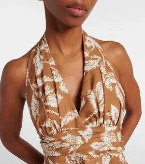 Max Mara Halterneck Printed Cotton Midi Dress - Beige
