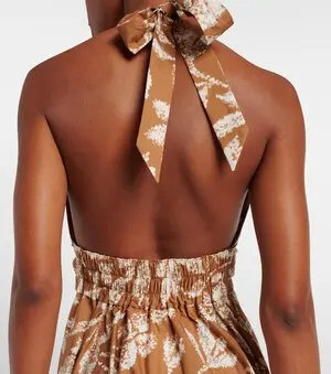 Max Mara Halterneck Printed Cotton Midi Dress - Beige