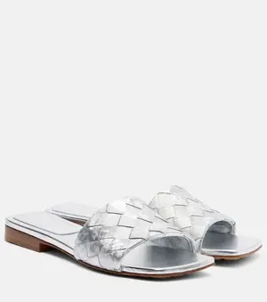 Bottega Veneta Parco Intrecciato Leather Mules - Silver